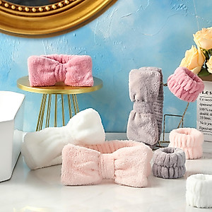 VITEVER 4 Pack Spa Headband for Washing Face with 8 Wristbands, Girl Hair Band, Microfiber Women Headbands, Headband and wrist bands to Skincare, Cosmetic, Shower-White, Brown, Rose Pink, Light Pink