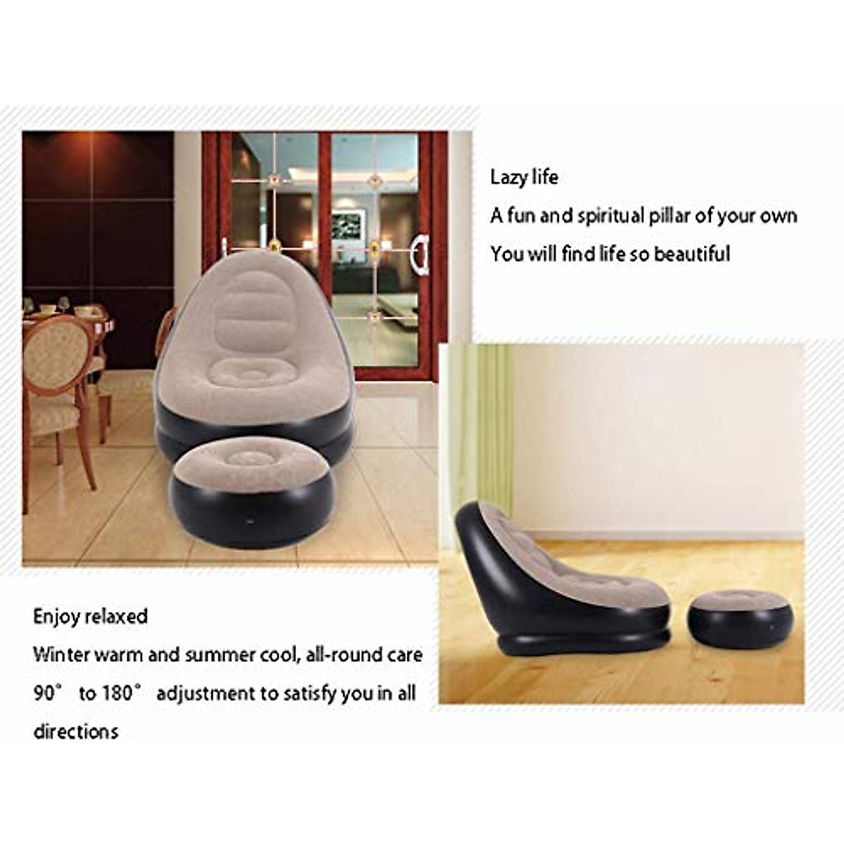 2-IN-1 Grey/Black Lounge Sofa Bed Set, Folding Portable Inflatable Lazy Flocking Recliner Chair with Footstool and Air Pump - Great for Pop Up Indoor and Outdoor Balcony, Backyard, Camping, Picnic, RV