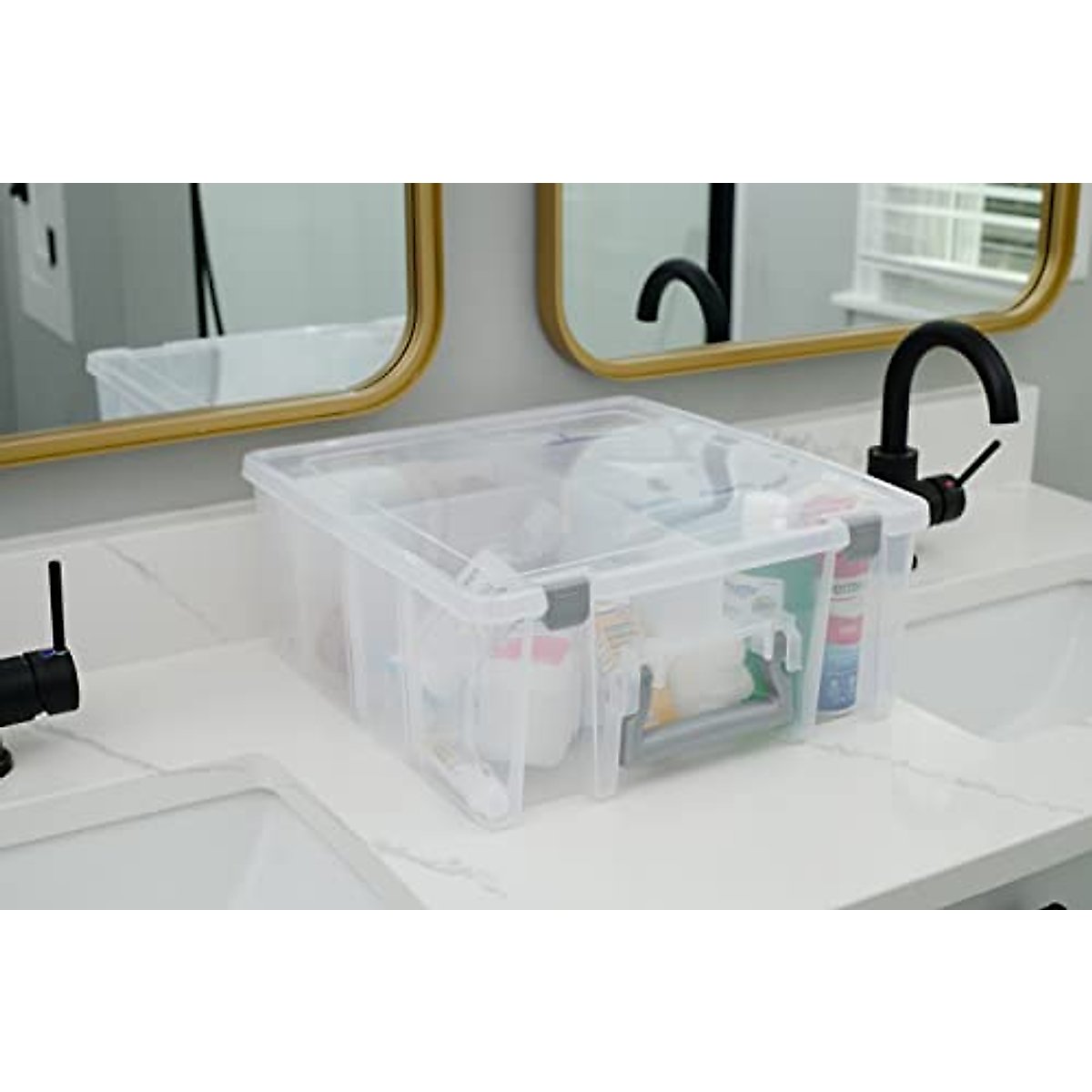 AB Designs 6990ABD Super Satchel Double Deep with Removable Dividers, Stackable Home Storage Organization Container, Clear with Sliver Latches and Handle