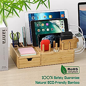 Bamboo Charging Station for Multiple Devices - Darfoo Desktop Docking Station Organizer Compatible with Cell Phones, Tablet, Smart Watch & Earbuds (Included 6 Mixed Cables, No USB Charger)