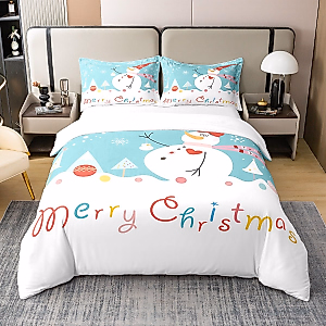 Erosebridal Snowman 100% Cotton Duvet Cover Twin Snowflake Bedding Set,Christmas Tree Comforter Cover Watercolor Dots Toddler Bed Set,Kawaii Christmas Decorations Soft Breathable Bedroom Decor
