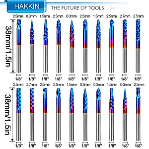 Hakkin 20 Pcs Carbide Rotary Burrs Set, End Mill CNC Router Bit, 1/8" Shank Nano Blue Coating Ball Nose End Mill, Double Cut Coat Rotary Drill for Die Grinder Woodworking, Engraving, Drilling, Carving