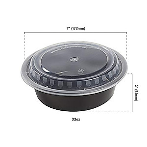 AmerCare 7 Inch Round Black Plastic Containers with Lids, 32 Ounces for Microwave or Freezer, Pack of 150