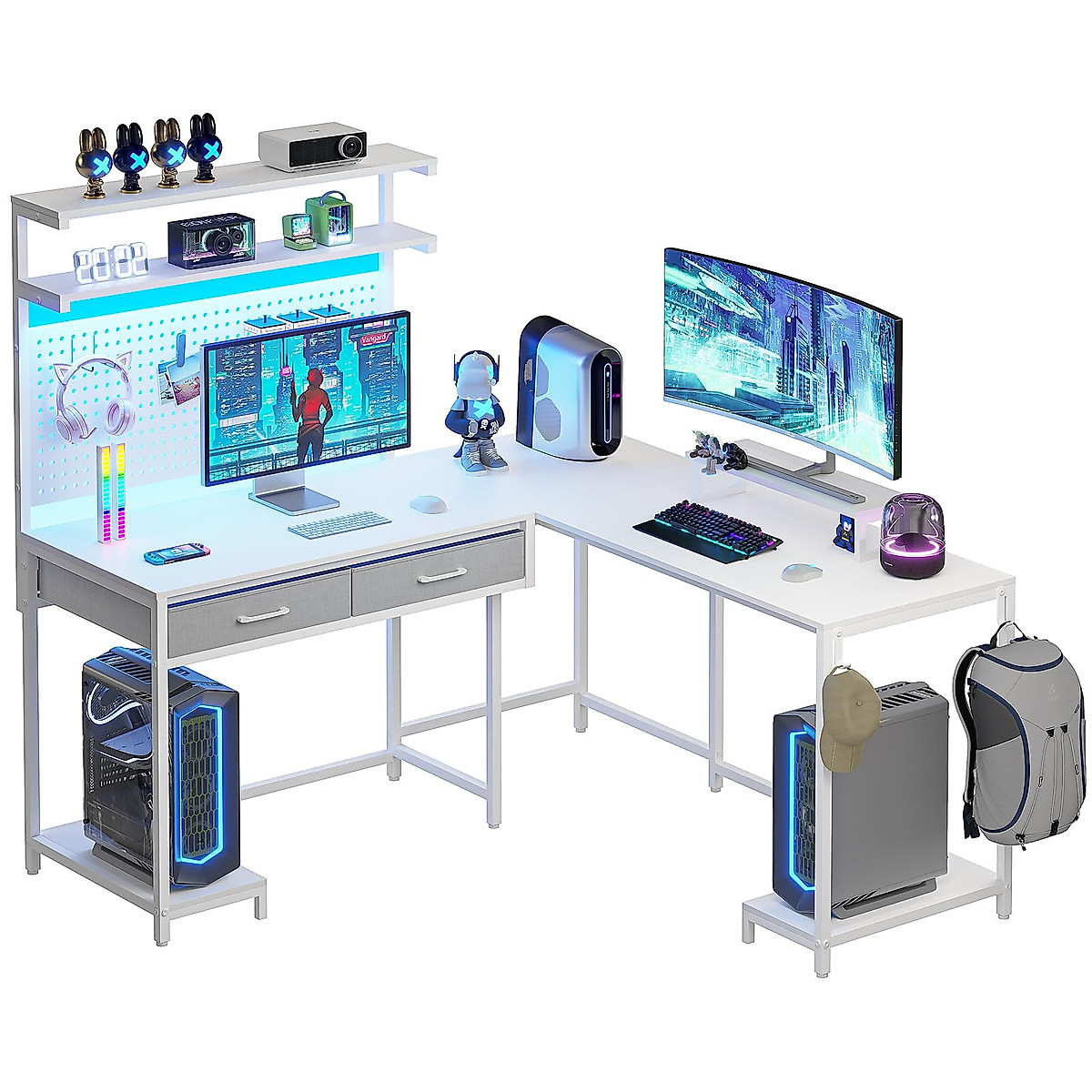 SEDETA White L Shaped Gaming Desk with LED Lights and Drawers, Gaming Desk with Hutch & Pegboard, Computer Desk with Monitor Stand, Storage Shelves, Home Office Desk Corner Desk, Gaming Table