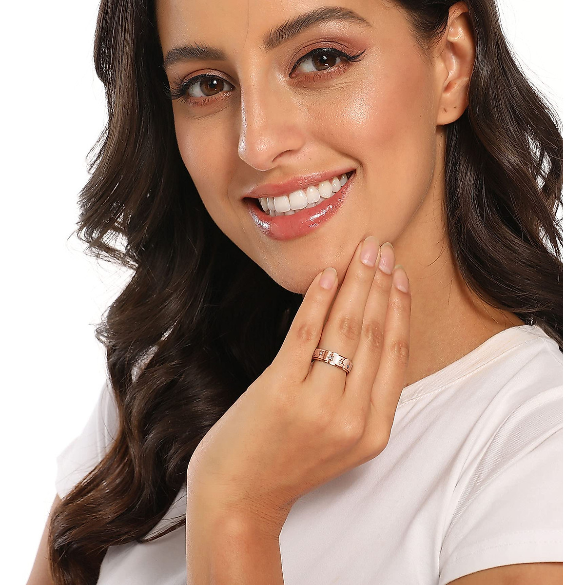 DURSI Moon Star Spinner Ring Fidget Anxiety Worry Rings for Women Girls Stainless Steel Engagement Wedding Promise Band with CZ Diamends 6mm (Rose Gold, 7)