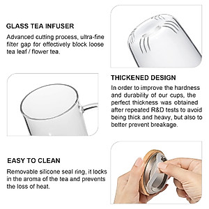 Lezero Glass Tea Infuser Cups with Removable Strainer and Bamboo Lid, Borosilicate Glass Tea Mugs for Blooming Tea & Loose Leaf Tea, Microwave & Dishwasher Safe, LEAD-FREE, 15oz/450ml