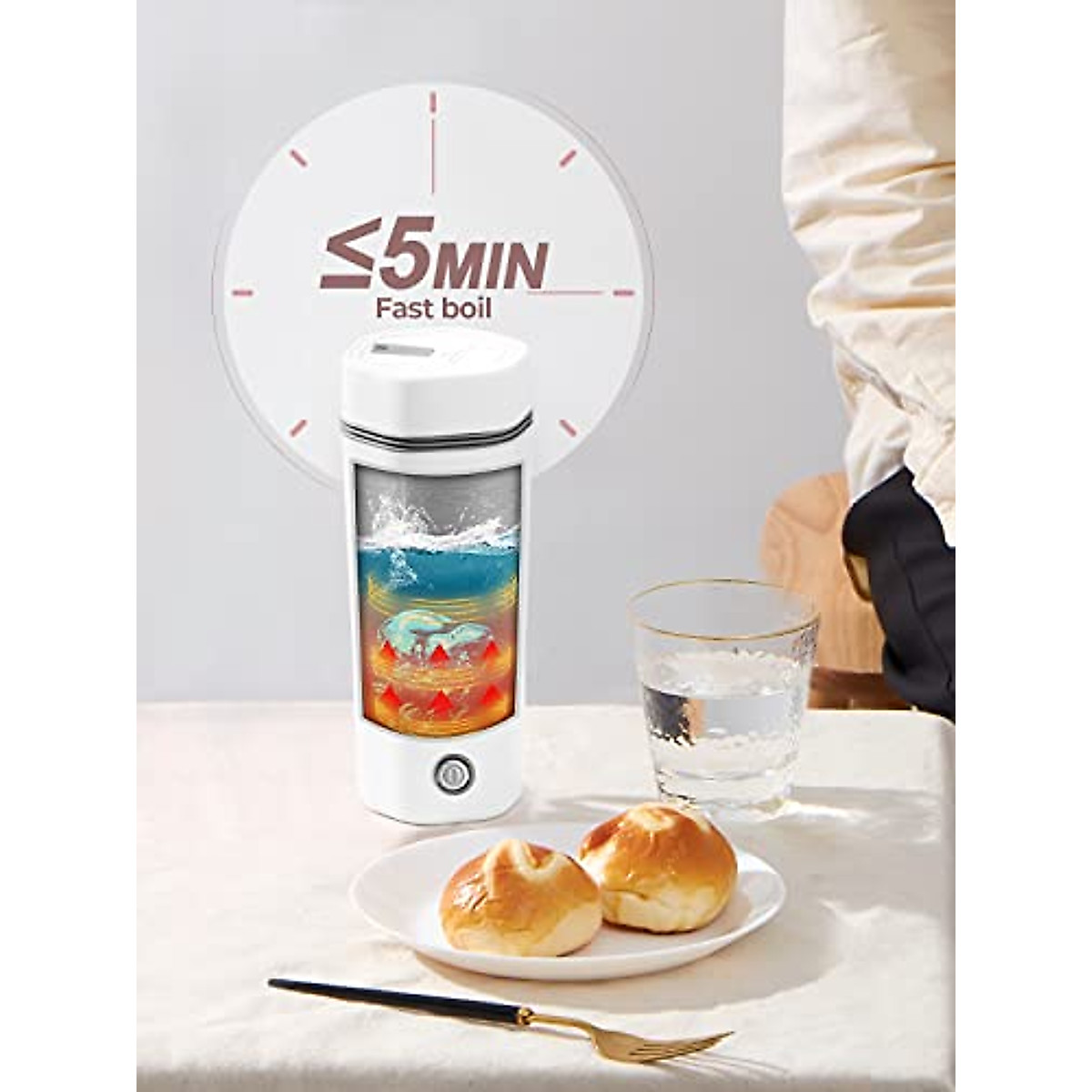 balbali Portable Electric Kettle for Travel - Small Electric Thermos/Heating Cup/Bottle - Single Size Personal Tea Maker - Quick Boiling Hot Water Boiler/Heater/Warmer - 350ml White