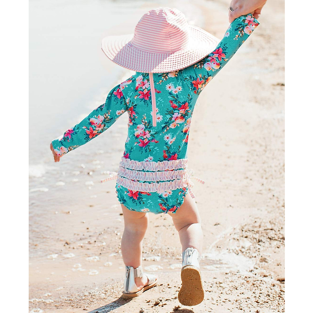 RuffleButts Baby Girls UPF 50+ Sun Protection Floral Printed Long Sleeve One Piece Rash Guard Swimsuit with Zipper - Fancy Me Floral, 2T