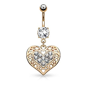 Tribal Heart Filigree 14K Gold Plated Surgical Steel Navel Belly Button Ring 14g - Rose Gold