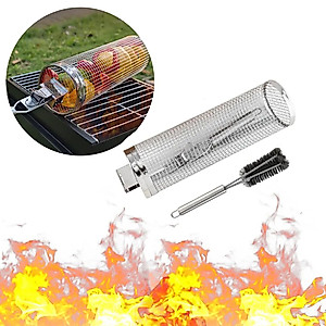 Rolling Grilling/Barbeque Baskets with Handle-Stainless BBQ Grill Mesh for Outdoor Camping/Grilling- Multipurpose Grilling Accessories Barbecue Rack/Net for Meat, Vegetables, Chips, French Fries, Fish