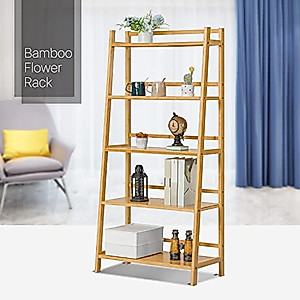 MoNiBloom Ladder Shelf for Plant Flower Book, Bamboo 5-Tier Trapezoid Storage Shelf Organizer for Living Room Patio Kitchen Bathroom Home Office, Natural