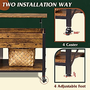 WLIVE Lift Top Coffee Table for Living Room,Coffee Table with Storage,Hidden Compartment and Metal Frame, Central Table with 4 Casters for Reception Room,Rustic Brown.