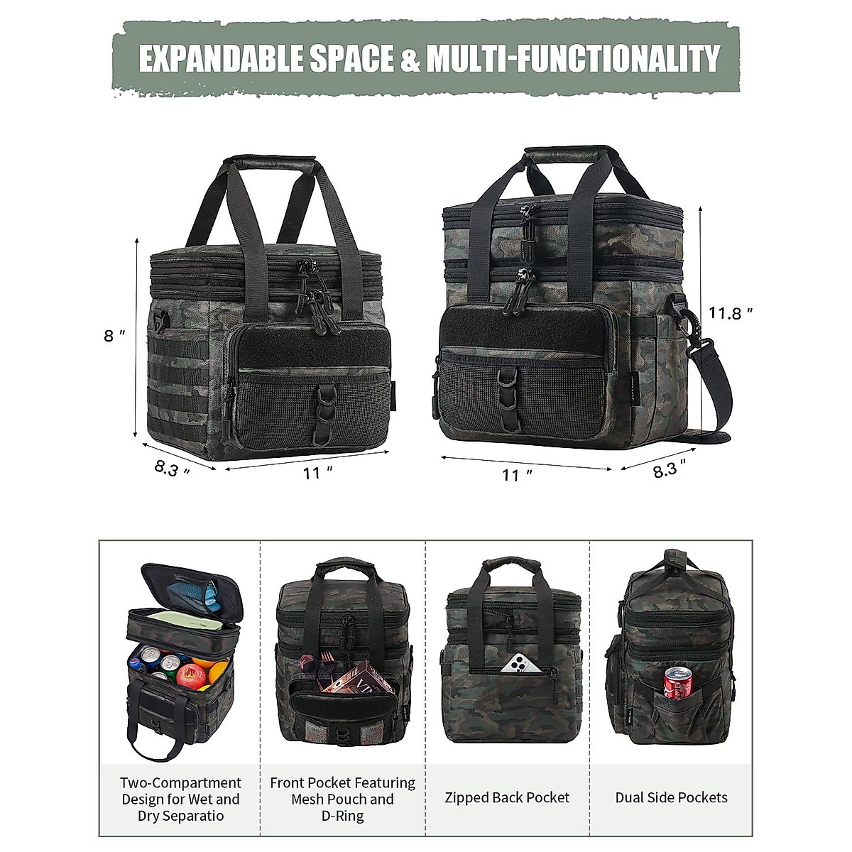 JOYHILL 18 L Tactical Lunch Box - Insulated, Leakproof, and Expandable Double-Deck Cooler Bag for Work, Camping, Picnic - Durable Black Lunch Bag for Adults,24 Can