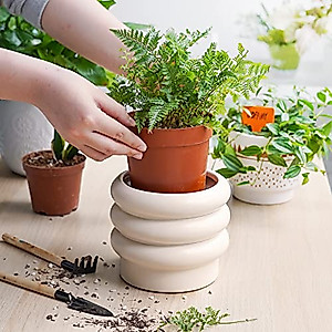JOFAMY Tiered Bubble Ceramic Plant Pot, Creamy White 6 Inch Ceramic Planter with Drainage Holes, Ceramic Flower Pot with Mesh Pad, Rubber Plugs, Ceramic Pots for Indoor Plants Outdoor, Modern Décor