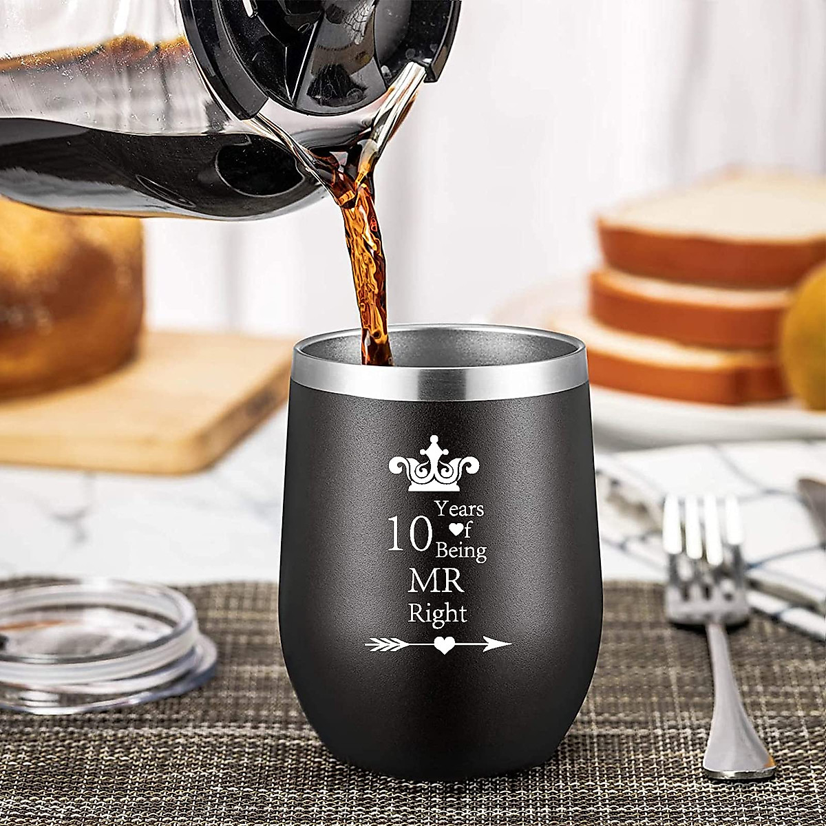 HLIKEM Pack Of 2 Wine Tumbler 10 Years Mr Right Mrs Always Right 10th Wedding Engagement Anniversary Cups for Couple Parents Stainless Steel Insulated Wine Glass with Straws and Brush