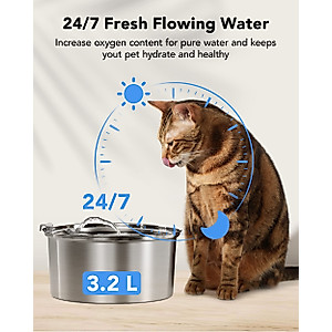 Cat Water Fountain Stainless Steel, HICC PULE 108oz/3.2L Automatic Pet Water Fountain, Dishwasher Safe Dog Water Dispenser with Adjustable Water Flow, Ultra-Quiet Pump, Multi-Filtration