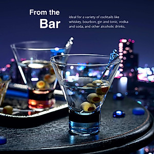 MITBAK Martini Glasses 8 OZ (Set of 6) With Stylish Colorful Bases | Elegant Stemless Bar Glasses | Great for Martini, Cocktail, Whiskey, Margarita, & More | Cocktail Glasses Made In Europe