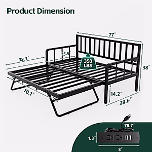 MU Daybed with Trundle Bed, Twin Bed Frame with Charging Station and LED Lights, Metal Sofa Day Bed with Pop Up Trundle and Steel Slat Support for Living Room, Bedroom and Guest Room, Black