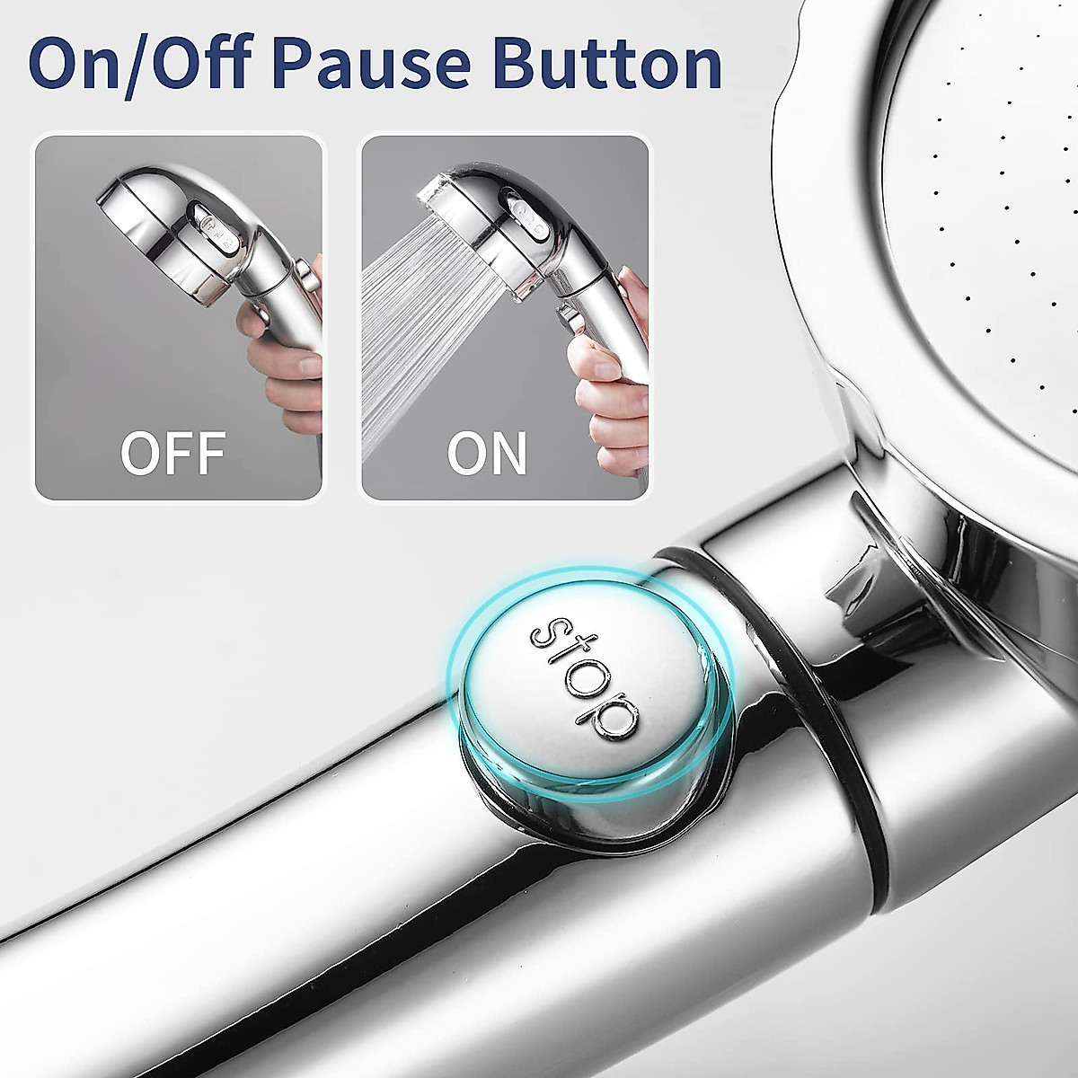 HANLIAN High Pressure Shower Head with Pause Function, 3 Spray Settings Handheld Shower Head with On Off Switch, Watersaving Detachable Showerhead with 5Ft Stainsteel Hose and ABS Bracket (Chrome)