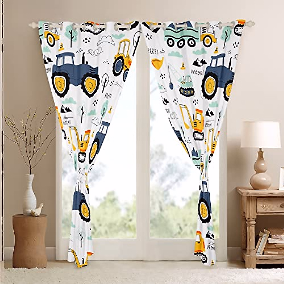 Kids Construction Curtains for Boys,Cartoon Car Excavator Tractor Blackout Curtains 104Wx84L,Cute Equipment Trucks Curtains & Drapes for Toddler Teen Room Decor Yellow Blue Vehicle Window Curtains