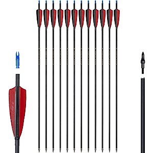 TOPARCHERY Premium 30" Carbon Hunting Arrows with Selected 4" Real Turkey Feathers Fletching and Removable Tips - 500 Spine Practice Target Arrows for Compound & Recurve Bow - 12Pcs