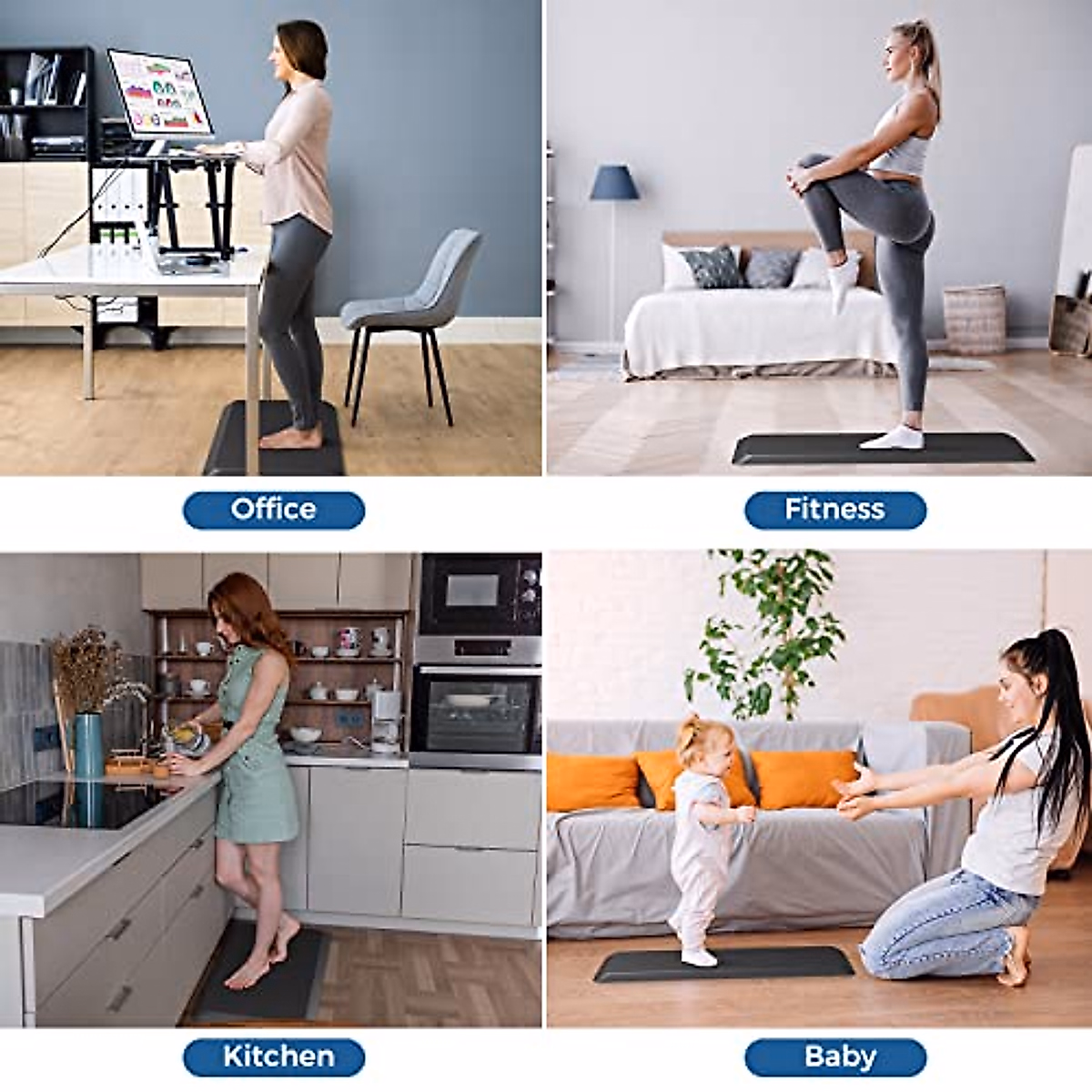 Anti Fatigue Floor Mat, Whekeosh 3/4 Inch Comfort Kitchen Floor Mat with 12 Pcs Rug Tape Non Slip,Kitchen Rugs Memory Foam Cushion for Standing Desk, Home, Office, Garage(17.3" x 33" Black)