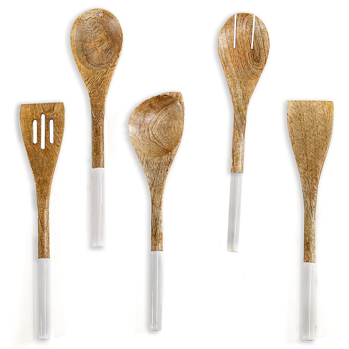 The Art Box Wooden Cooking Spoon Utensils Set of 5 - Kitchen Serving Tools Non-Stick Cookware12 Inch Wooden Fork, Corner Spoon, Slotted Turner, Spoon, Spatula For Baking, BPA Free, White
