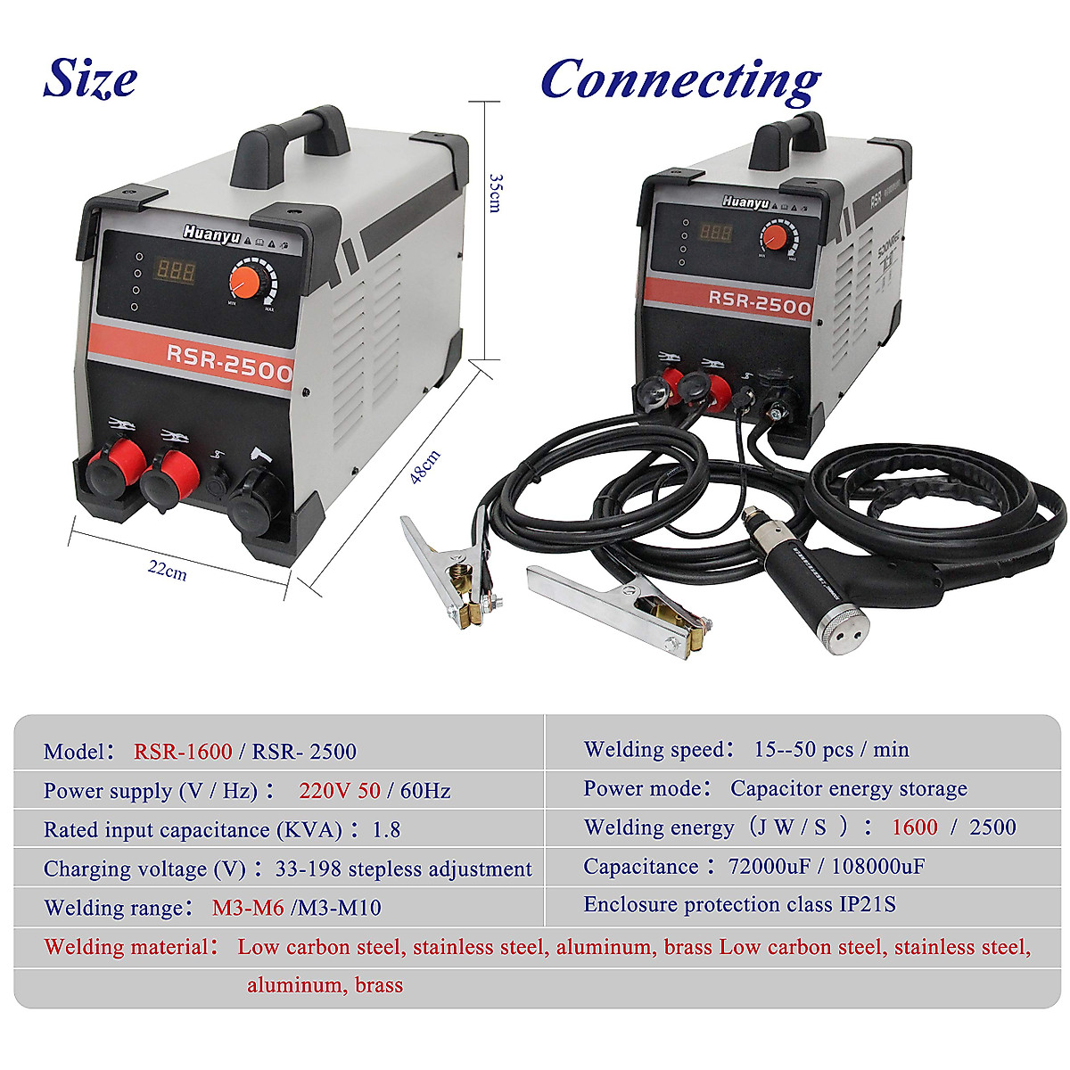 Huanyu Capacitor Discharge Stud Welder M3-M6 Stud Bolt Plate Welder Welding Machine for Welding Bolt Plate Insulation Nail Screw Low Carbon Steel/Stainless Steel/Aluminum/Brass RSR-1600 (220V 50HZ)