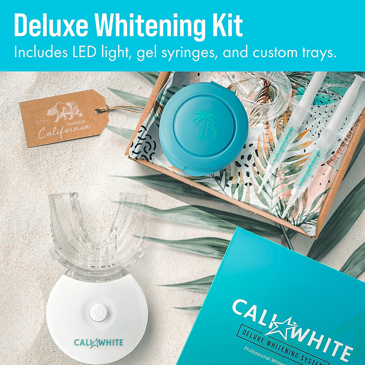 Cali White Teeth Whitening Strip Kit with LED Light and Batteries - Organic Peroxide Teeth Whitening Gel - Set of White Strips - 2x5ml Syringes, Thermoform Whitening Kit Trays and Case