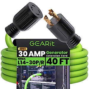 GEARit 30-Amp Generator Extension Cord, 120/250-Volt, 4-Prong, 7500W, NEMA L14-30P/L L14-30R, 10 Gauge SJTW Locking Power Cord for Manual Transfer Switch, Portable Generators, Power, 40 Feet, Green