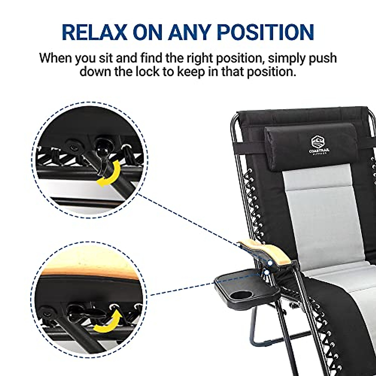 Coastrail Outdoor Zero Gravity Chair Wood Armrest XXL Camping Lounge Chair Patio Recliner Support 400lbs Padded Reclining Chair Folding Lawn Chair with Side Table