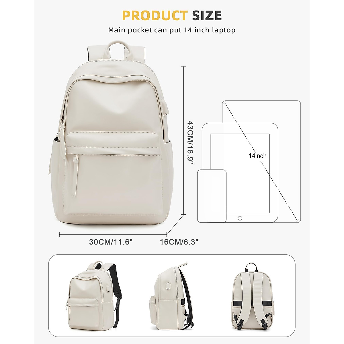 VECAVE Lightweight Backpack for Women Men,Travel Casual Daypack Laptop Rucksack, Waterproof College High Secondary Bookbag PU Leather Computer Laptop Bag Beige