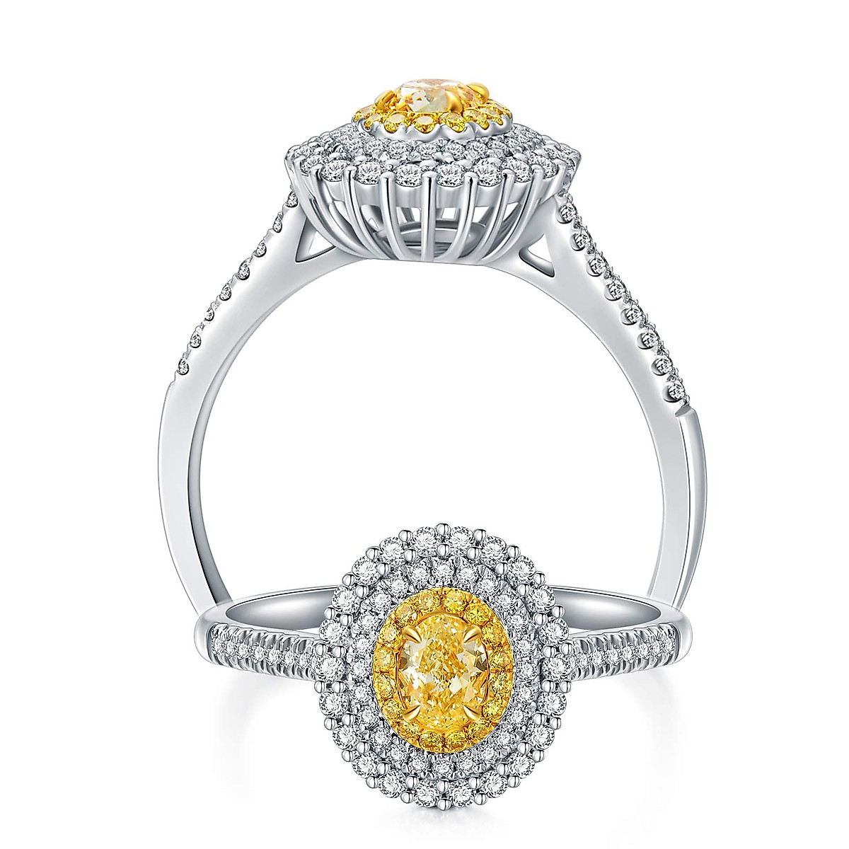 MRENITE Solid 18kt White Gold Genuine Natural Canary Yellow Diamond Ring Classic Oval Halo Cluster Engagement Ring (0.66cttw, FVY Color VVS1 Clarity 0.31ct. Center)