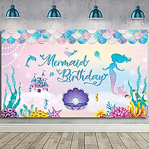 Mermaid Party Decorations Under The Sea Backdrop for Girls Birthday Party Photography Background Banner Purple Pink Scales Photo Booth Props, 6 x 3 ft