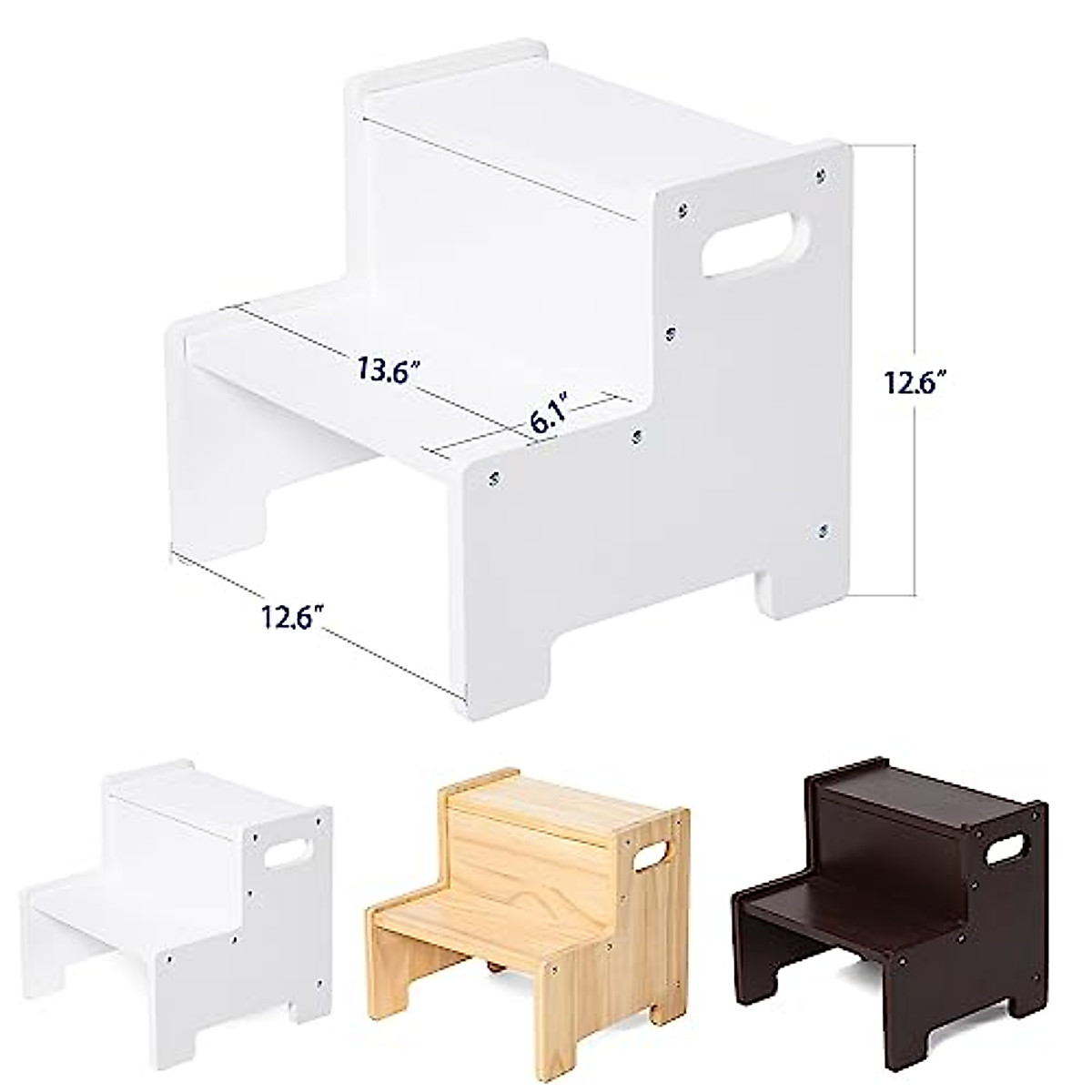 Wooden Step Stool,Two Step Stool for Kids/Adults,Supports 200 lbs Kids Toddler Stepping Stool Toilet/Kitchen/Bed Step Stool,White