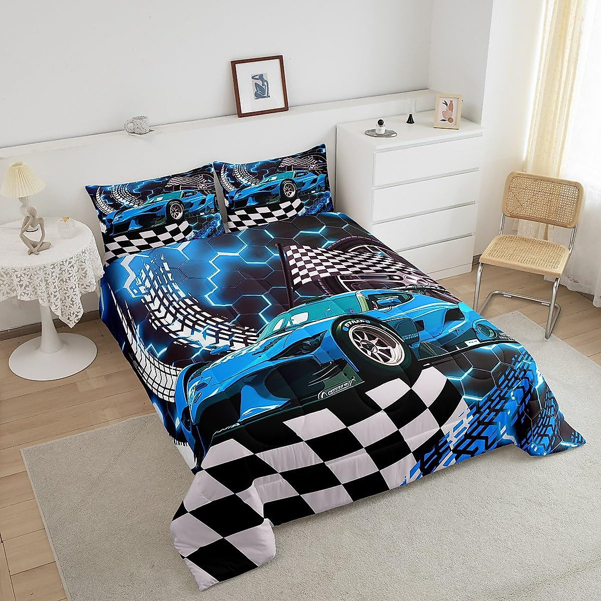 Toddler Race Car Bed for Boys,Teal Neon Lights Honeycomb Twin Size Bedding Set Cool Sports Car Glitter Beehive Geometric Hexagon Comforter Set,Black White Grid Lattice Quilt Buffalo Plaid Decor