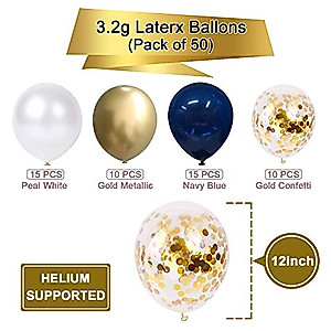 Navy Blue and Gold Confetti Balloons, 50 pcs 12 inch Pearl White and Gold Metallic Chrome Birthday Balloons for Celebration Graduation Party Balloons