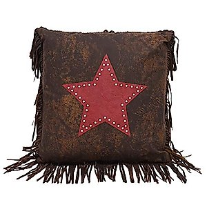 Paseo Road by HiEnd Accents | Cheyenne Western Fringed Star Decorative Pillow, 18x18 inch, Brown and Red Tooled Faux Leather Rustic Cabin Throw Accent Pillow