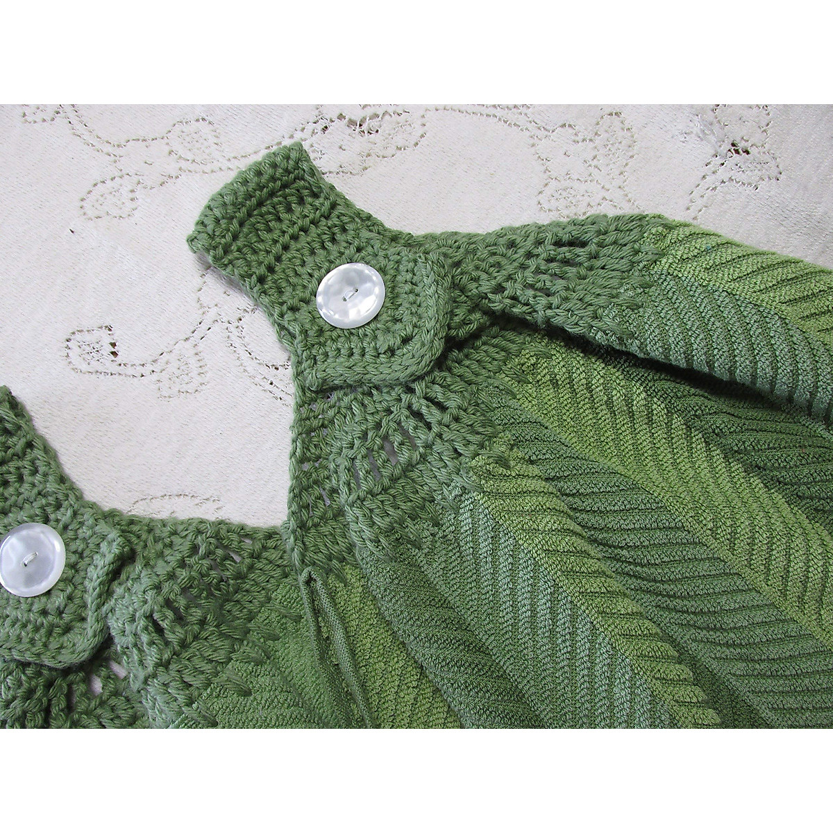 Set of 2 Green Doubled Chevron Design Hanging Kitchen Towels with Green Cotton Crochet Top - Best Quality