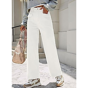 Dokotoo Womens Jeans Cargo Pants High Waisted Baggy Jeans Boyfriend Straight Wide Leg Pants Jeans Linen Trendy Pants Summer Casual Flap Pocket Y2k Pants Street Wear White