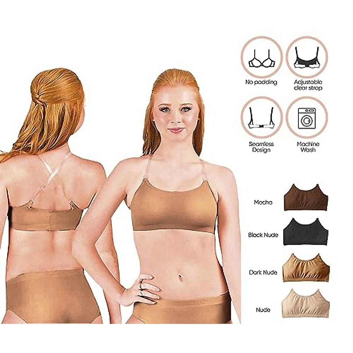 Clementine Apparel - Girls and Women Dance Bra with Clear Detachable Straps Unpadded & Seamless, Big Girls (7 to 16), Size 16, Dark Nude