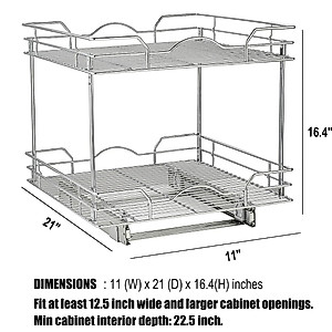 OCG 2 Tier Slide Out Cabinet Organizer 11" W x 21" D, Heavy Duty Pull Out Cabinet Shelves, Sliding Drawer for Cabinet , Chrome Plated
