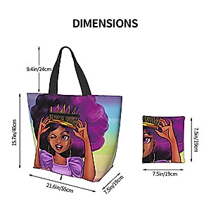 fekupizz Afro Black Girl With Purple Hair Canvas Tote Bag, Women Large Shoulder Bag, Shopping Bag