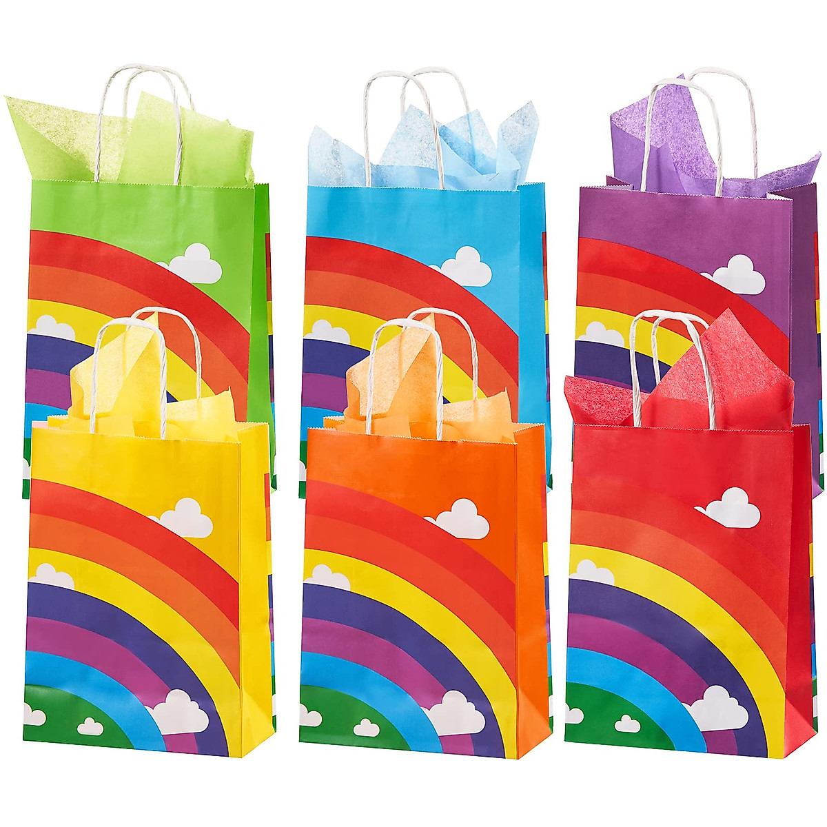 Chrisfall 24 Pcs Party Favors Bags with 30 Pcs Tissue Paper, Kraft Paper Bags with Handles Wrap Goodie Bags for Birthdays, Easter, Weddings, Mother's Day, Baby Showers (Rainbow Pattern)