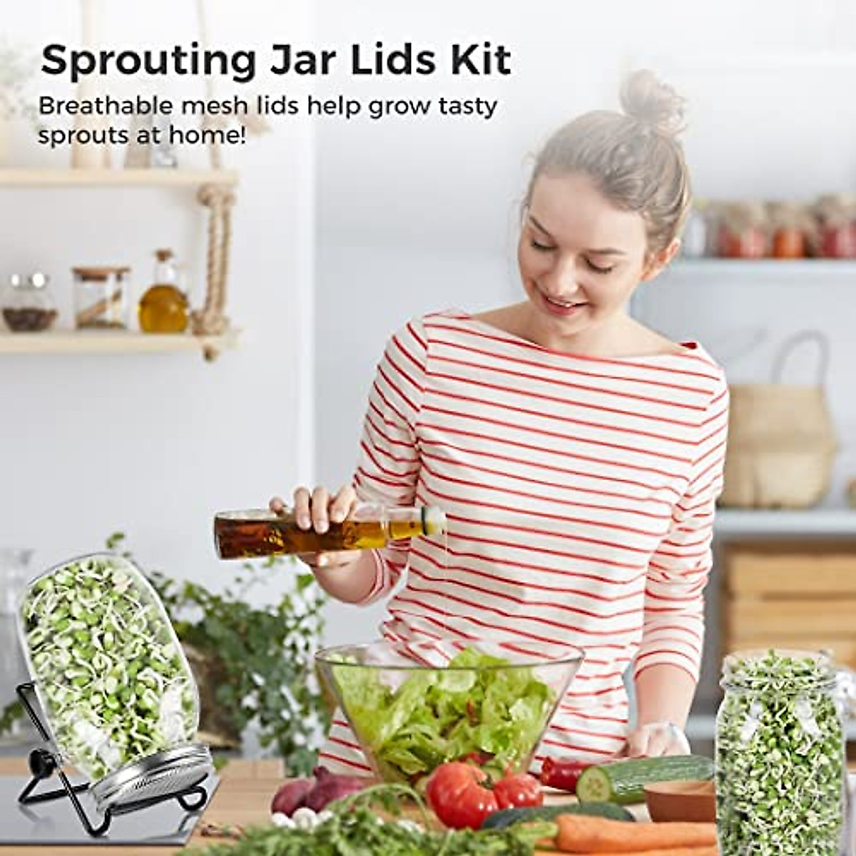 Homaisson 4 Packs Sprouting Jar Lids Sprouting Stand, Stainless Steel Mason Sprouting Jar Lids with 4 Jar Stands, 3.39inch Breathable Wide-Mouth Sprouting Jar Lids for 3.39inch Mason Jars, Grow Bean Sprouts, Broccoli Seeds, Alfalfa,