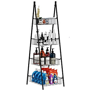 Wire Basket Stand for Kitchen and Bathroom 4 Tier Fruit Storage Basket Stand Metal Floor Standing Vegetable Holder Basket Stand for Snacks Pantry Kitchen Storage, Black