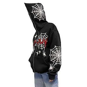 Megecaggfy Womens Men Y2k Full Zip Up Hoodie Vintage Graphic Oversized Sweatshirt Fashion Jacket Streetwear (Black 2, L)