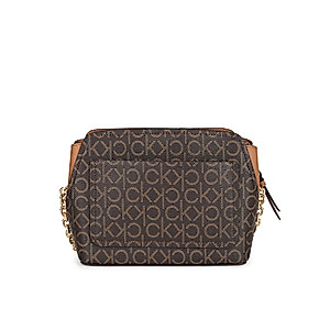 Calvin Klein Hailey Signature Triple Compartment Chain Crossbody, Brown/Khaki/Caramel Linear