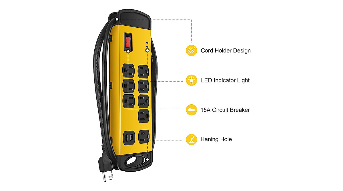 Heavy Duty Surge Protector with USB - 8 Outlets & 1800J Surge Protection