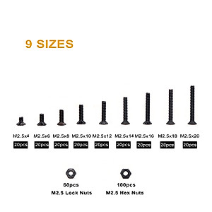 binifiMux 340pcs M2.5 Black Countersunk Flat Socket Cap Screws Hex Nuts Nylon Lock Nuts Assortment Kit 10.9 Grade Alloy Steel, M2.5 x 4mm/ 6mm/ 8mm/ 10mm/ 12mm/ 14mm/ 16mm/ 18mm/ 20mm